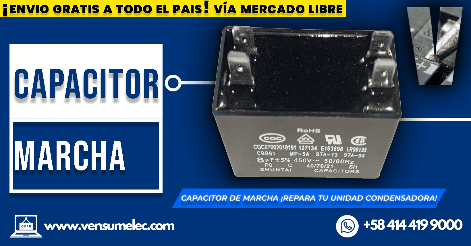 Capacitor de Marcha 8uf 450VAC 8MFD para Mini Split - VENSUMELEC
