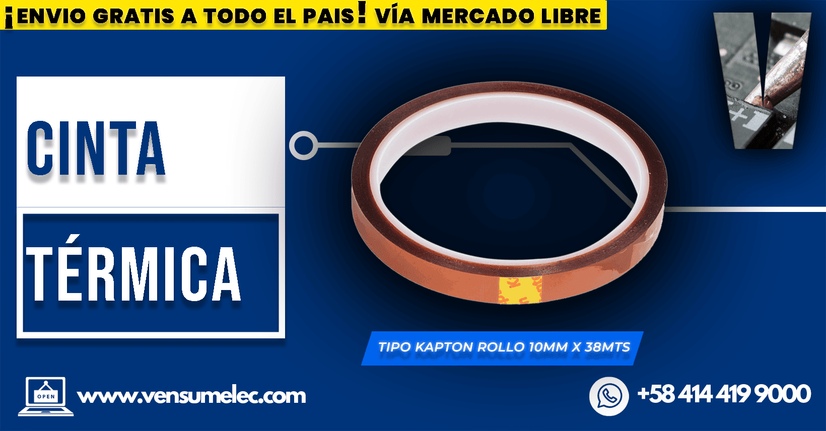 Cinta Térmica Aislante Poliamida Tipo Kapton Rollo 10mm X 32m - VENSUMELEC